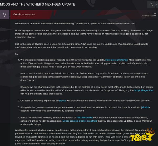 CDPR排查《巫师3》Mod 检测次世代更新影响_18183.com