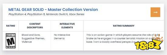 评级网站显示：《合金装备大师合集1》或登陆PS4平台！_18183.com