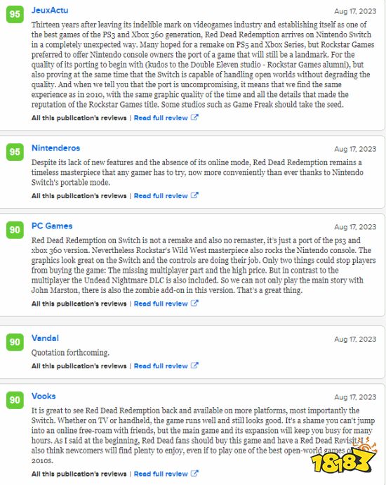 《荒野大镖客》NS版M站87分：移植优秀 和原版无异_18183.com