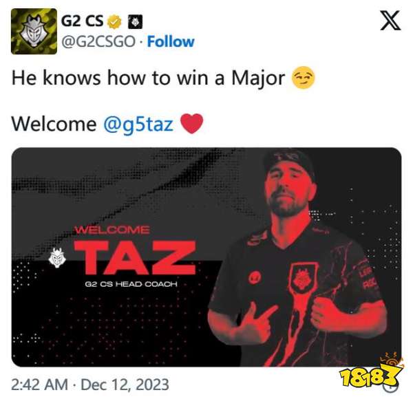 官宣：TaZ担任G2主教练_18183.com