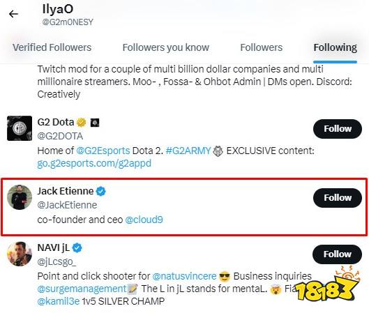 CS资讯：m0NESY社交平台已关注C9 CEO账号_18183.com