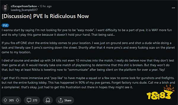 《逃离塔科夫》PVE更新使AI Scav和PMC联合打击玩家引发众怒？尼基塔：下次一定！_18183.com