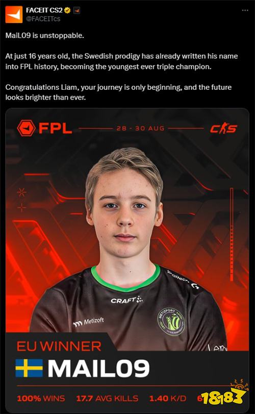 16岁瑞典天才MaiL09创造历史！最年轻FPL三连冠选手诞生 _18183.com